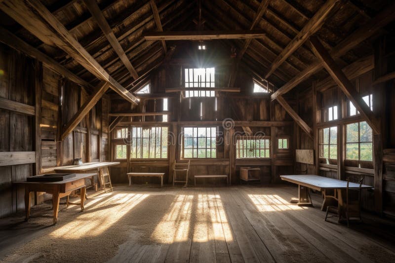 Rustic Barn with Sun Shining through the Windows, Illuminating the ...