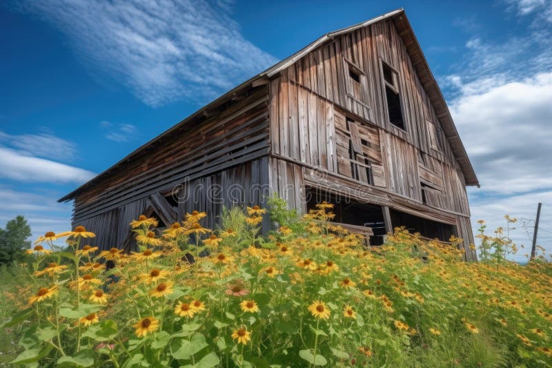 Rustic Barn with Sunflowers and Blue Skies Stock Illustration ...