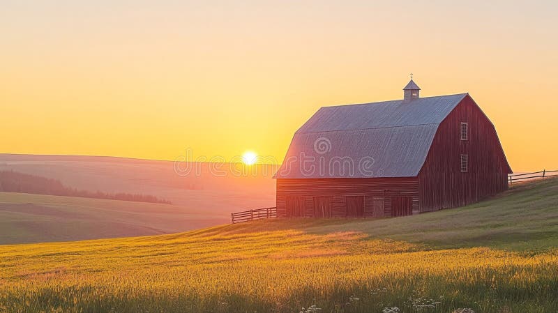 Rustic Barn at Sunrise in Rolling Hills Stock Image - Image of quiet ...