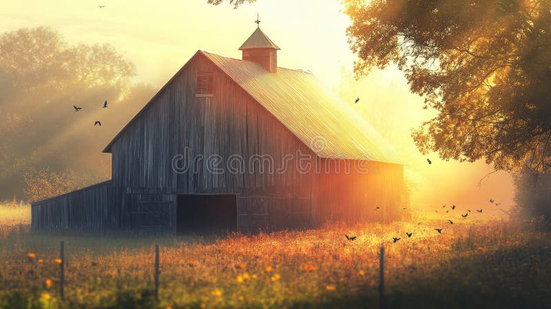 Rustic Barn at Sunrise with Warm Sunlight and Birds in a Tranquil ...