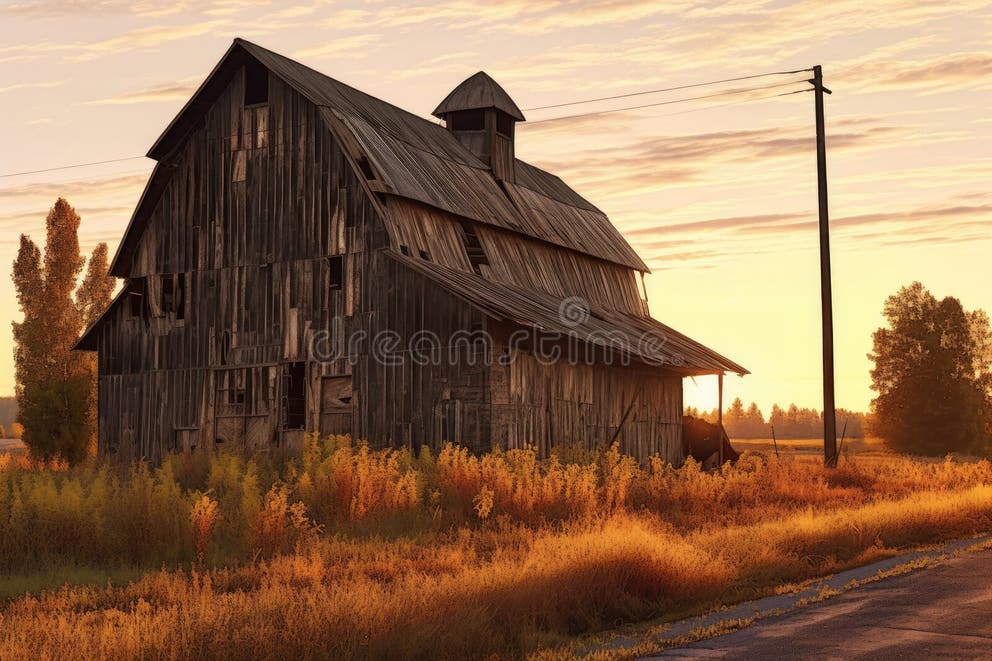 Rustic Barn at Sunset Casting Long Shadows Stock Illustration ...