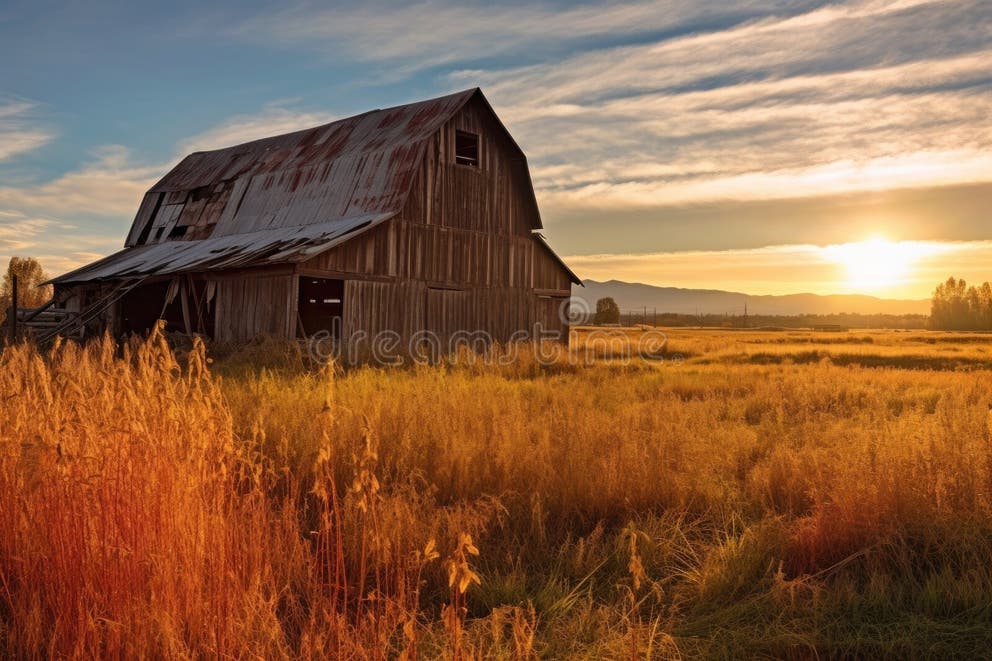 Rustic Barn at Sunset Casting Long Shadows Stock Photo - Image of ...