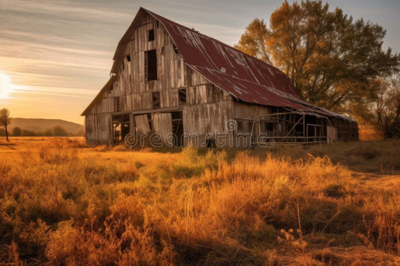 Rustic Barn at Sunset Casting Long Shadows Stock Illustration ...