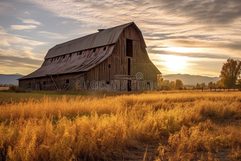 Rustic Barn at Sunset Casting Long Shadows Stock Illustration ...