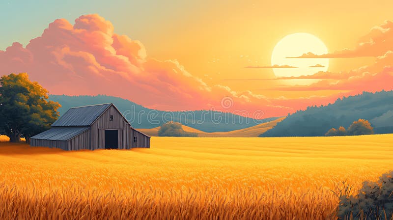 Rustic Barn Sunset Golden Field Rural Landscape Stock Illustration ...