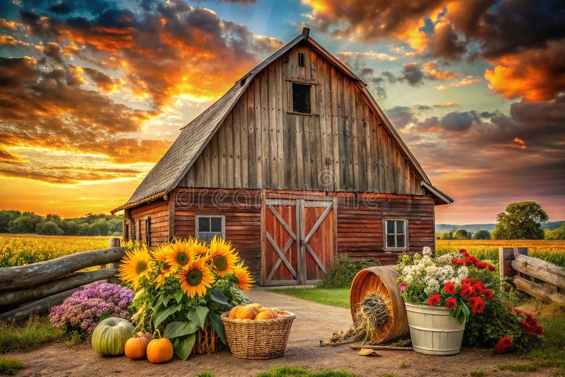 Rustic Barn at Sunset with Sunflowers, Pumpkins, and Flowers Stock ...
