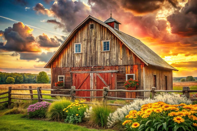 Rustic Barn at Sunset with Vibrant Flowers Stock Illustration - Illustration of sunset, peaceful ...