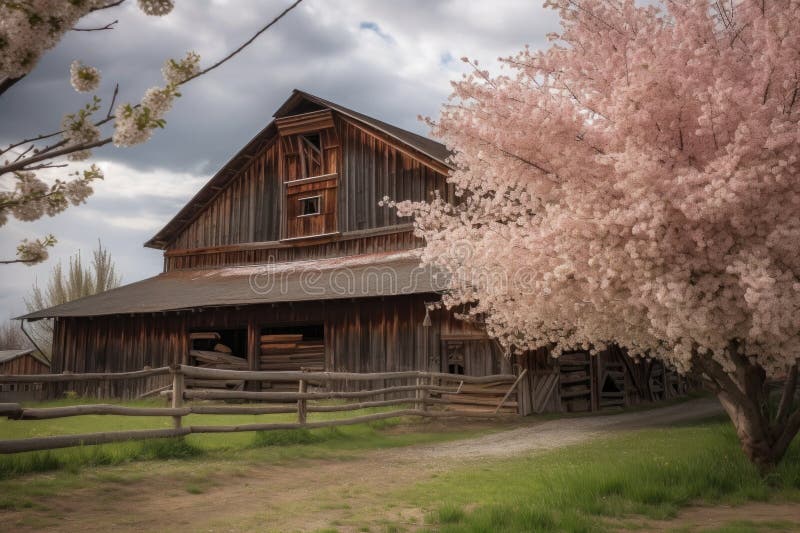 Rustic Barn Surrounded by Blooming Cherry Blossoms in Springtime Stock ...