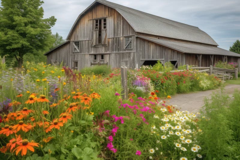 Rustic Barn Surrounded by Blooming Flower Fields, with Bright and ...