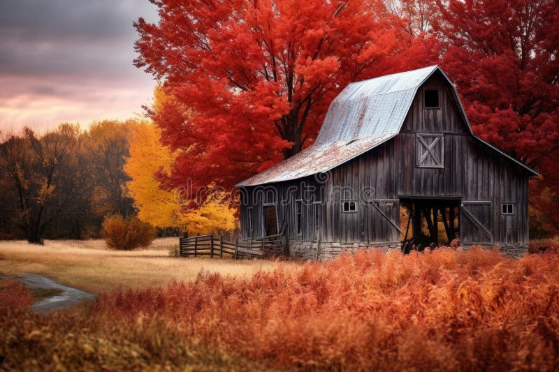 Rustic Barn Surrounded by a Burst of Fall Colors Stock Illustration ...