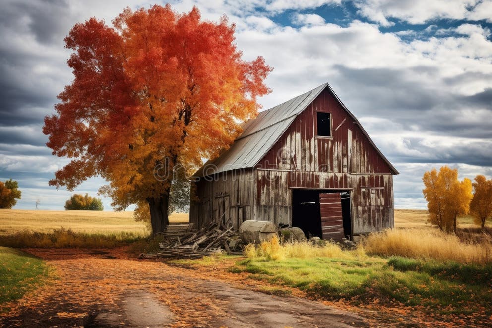 Rustic Barn Surrounded by a Burst of Fall Colors Stock Illustration ...