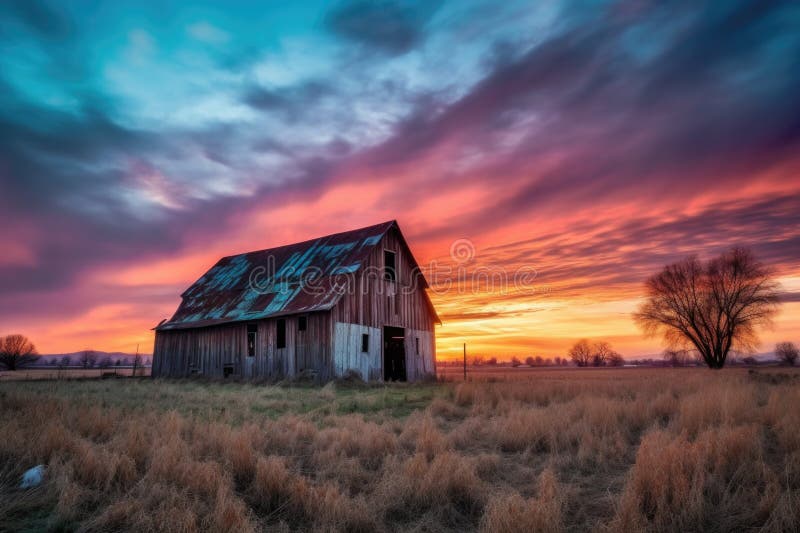 Rustic Barn Surrounded by Colorful Sunset Sky Stock Illustration ...