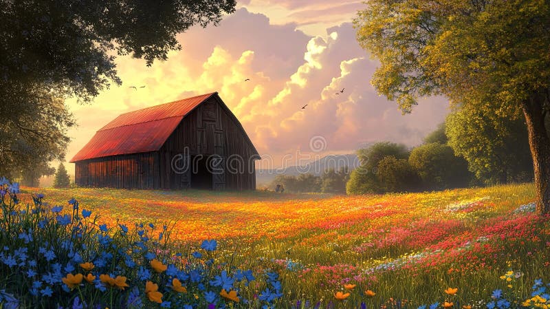 A Rustic Barn Surrounded by Fields of Wildflowers at Sunrise. Stock ...