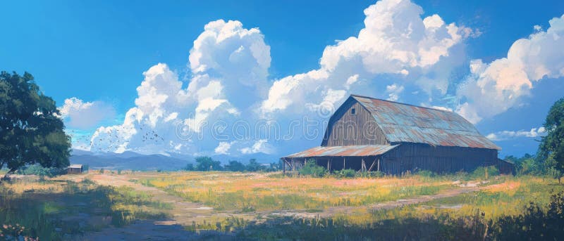 Rustic Barn Surrounded by a Lush Field Under a Bright Blue Sky with ...