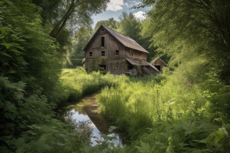 Rustic Barn Surrounded by Lush Greenery and Running Stream Stock Image ...