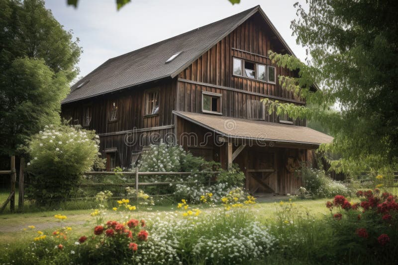 Rustic Barn Surrounded by Lush Trees and Blooming Flowers, Perfect for ...