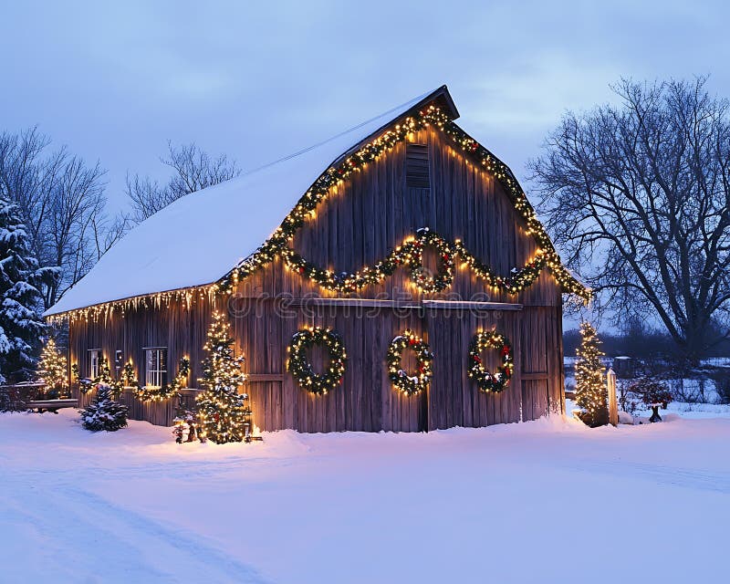 Rustic Barn Surrounded by Snow and Decorated with Christmas Garlands ...