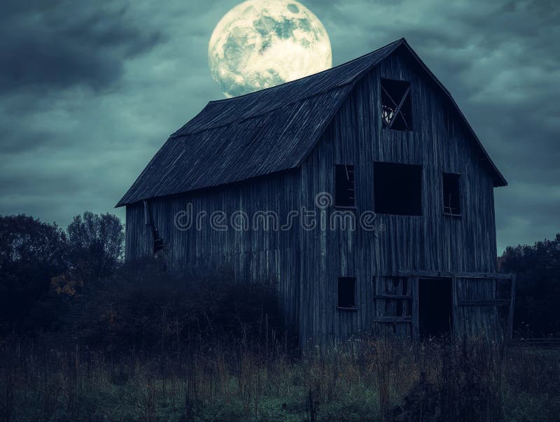 A Rustic Barn Under a Full Moon in a Dark and Stormy Night Stock ...