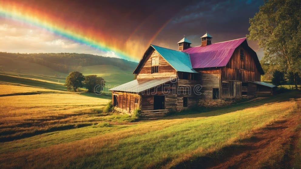 Rustic Wooden Barn in Rolling Hills with Rainbow, Serene Landscape ...