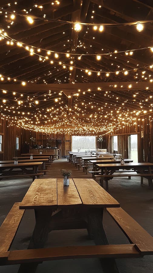 A Rustic Barn Venue Set Up for a Wedding with String Lights and Stock ...