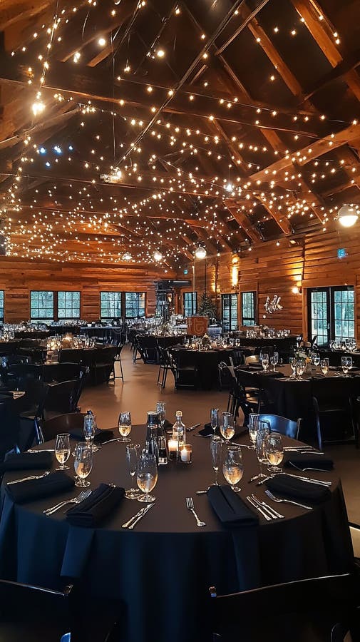 A Rustic Barn Venue Set Up for a Wedding with String Lights and Stock ...