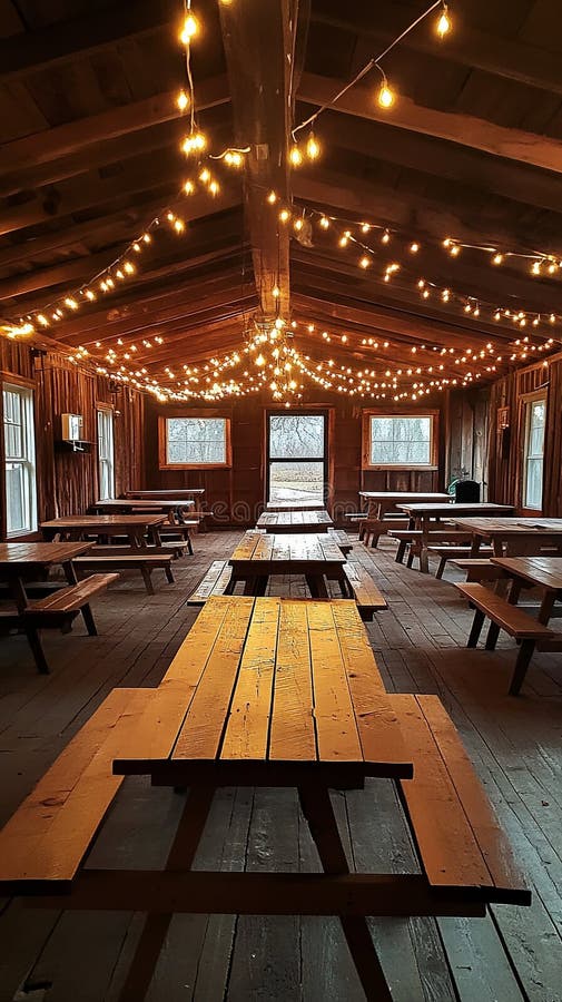 A Rustic Barn Venue Set Up for a Wedding with String Lights and Stock ...