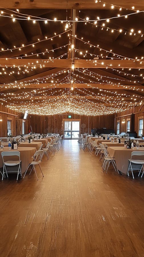 A Rustic Barn Venue Set Up for a Wedding with String Lights and Stock ...