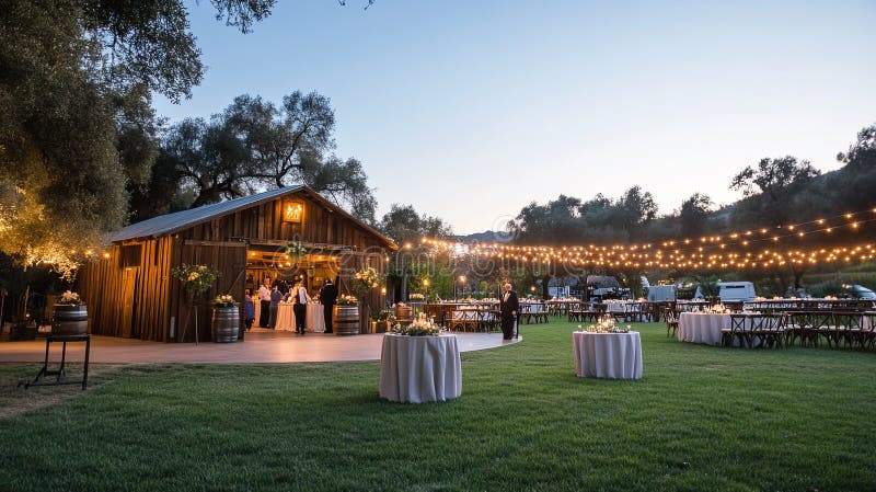A Rustic Barn Venue Set Up for a Wedding with String Lights and Stock ...