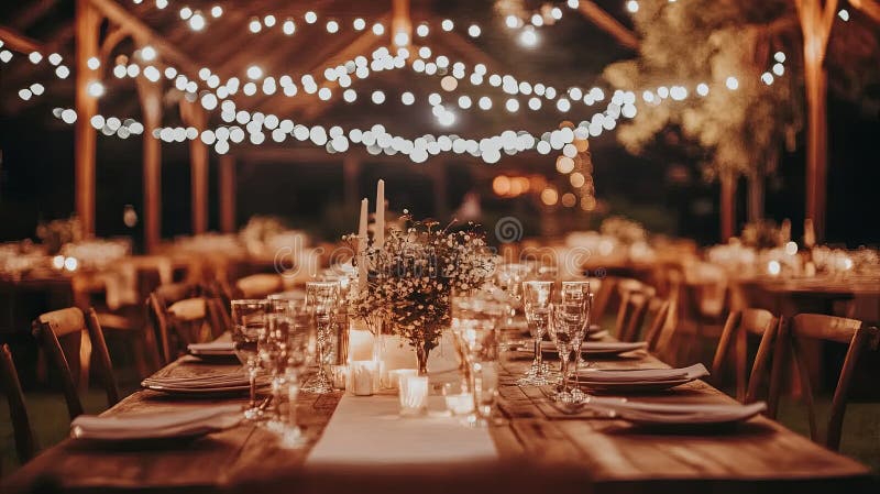 A Rustic Barn Venue Set Up for a Wedding with String Lights and Stock ...