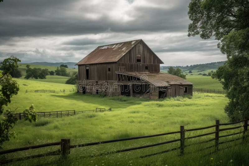 Rustic Barn with View of Rolling Hills and Pastures Stock Illustration ...