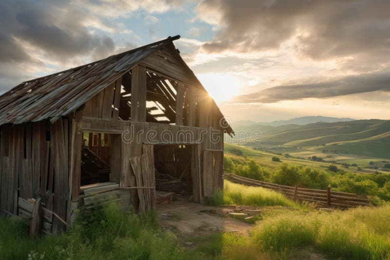 Rustic Barn with View of Rolling Hills and Sunlit Sky Stock Image ...