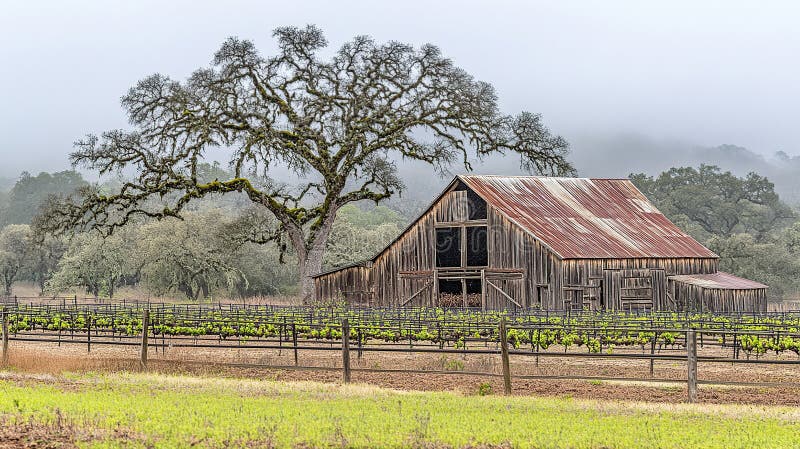 Rustic Barn, Vineyard, Foggy Hills, Oak Tree, Rural Scene Stock Photo ...