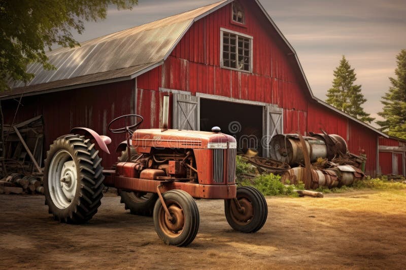 Rustic Barn with a Vintage Tractor Parked Outside Stock Photo - Image ...