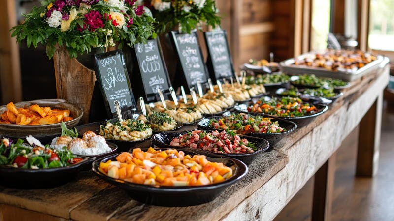 Rustic Barn Wedding Buffet Food Display Stock Photo - Image of design ...