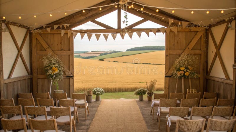 Rustic Barn Wedding Ceremony Setup with Open Doors Revealing Scenic ...