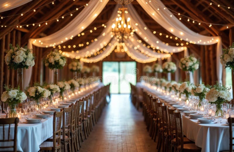 Rustic Barn Wedding Reception. Long Tables Set with Elegant Tableware ...