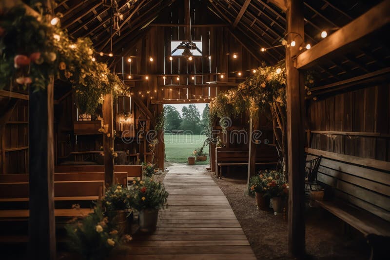 A Rustic Barn Wedding with String Lights and Wildflowers. Generative AI ...