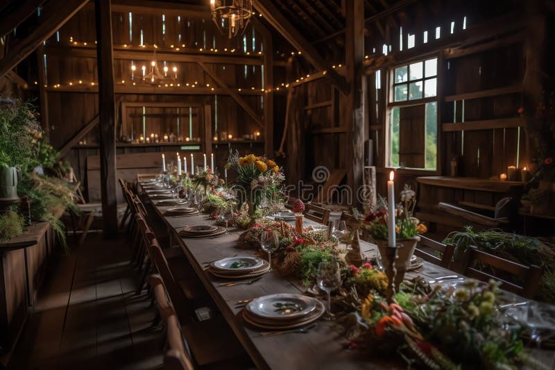 A Rustic Barn Wedding with String Lights and Wildflowers. Generative AI ...