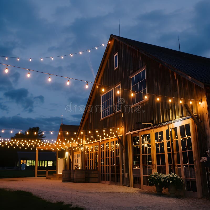 Rustic Barn Wedding Venue Decorated with String Lights at Dusk Stock ...