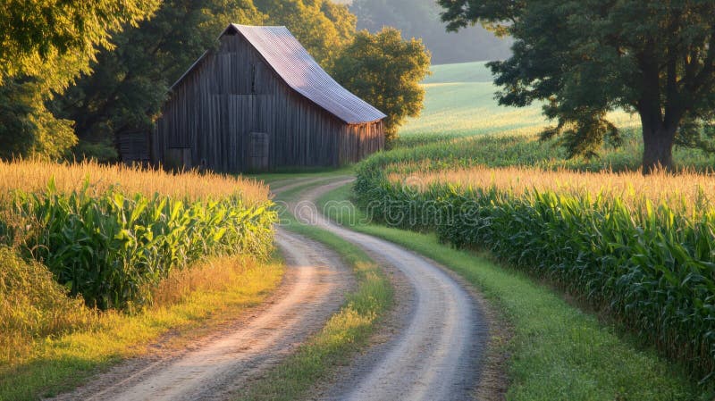 Rustic Barn and Winding Dirt Road through a Cornfield Stock ...