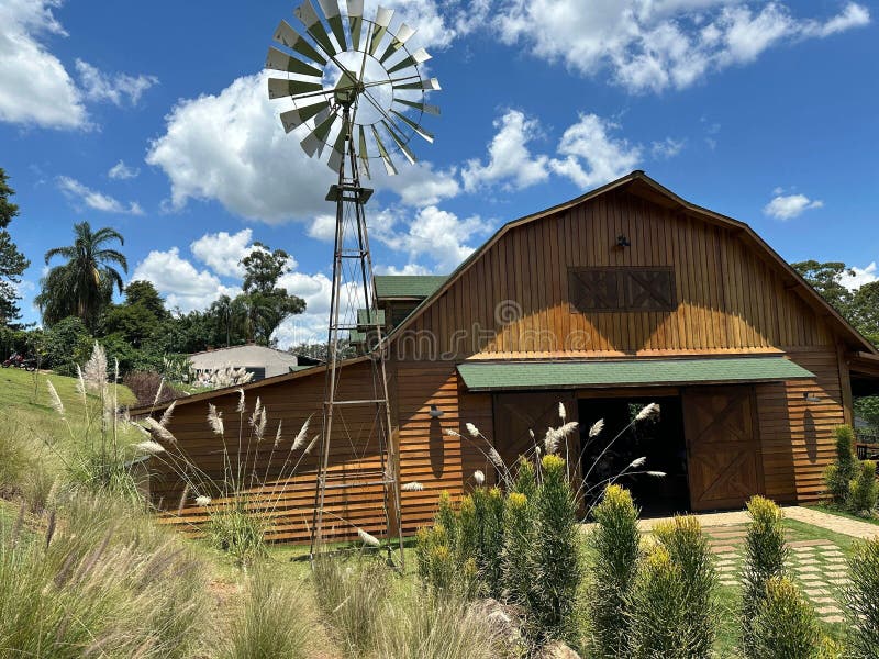 Rustic Barn Interior with Hay Bales and String Lights Stock Photo ...