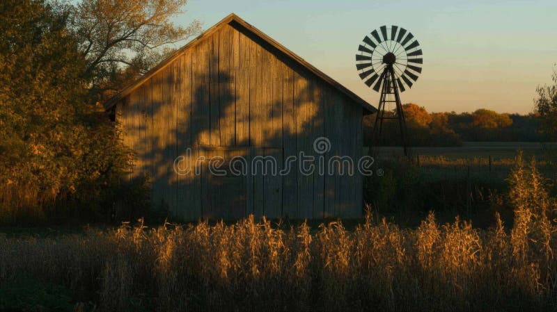 Rustic Barn and Windmill at Sunset in Autumnal Field Stock Illustration ...