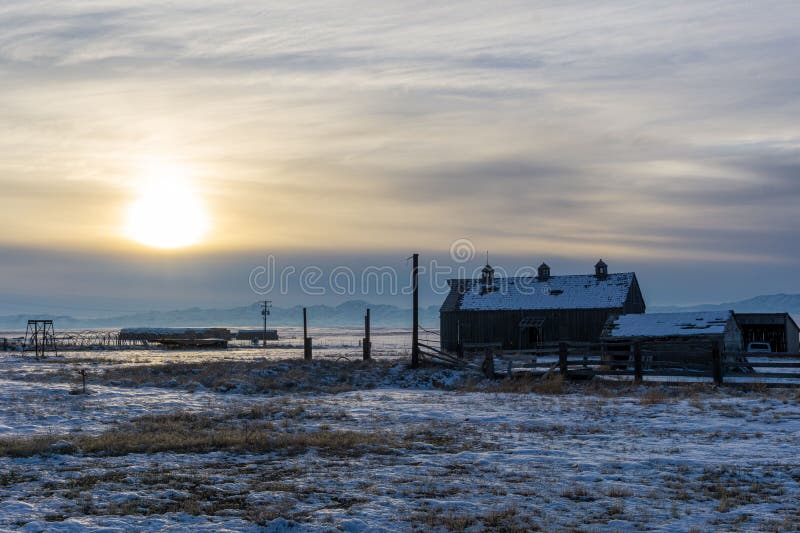 Rustic Barn in a Winter Landscape at Sunset. Stock Photo - Image of ...