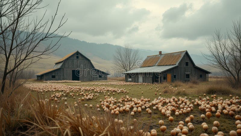 Rustic Barns in Autumn Landscape with Field of Pumpkins Under Cloudy ...