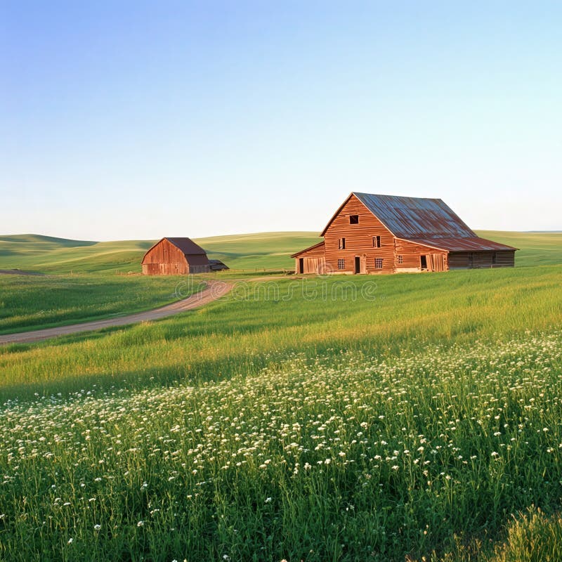 Rustic Barns in Rolling Green Fields Stock Image - Image of spring ...