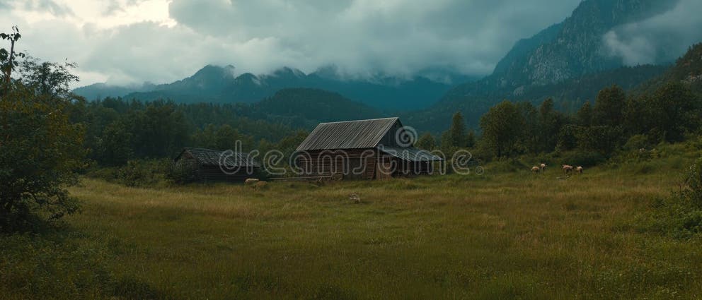 Rustic Barns Surrounded by Fields and Mountains Under a Dramatic Cloudy ...