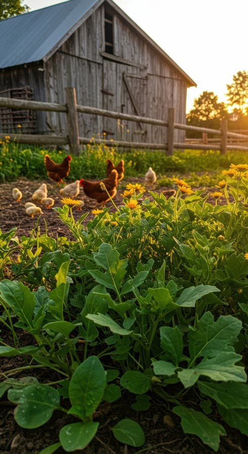 Rustic Barnyard with Chickens and Chicks at Sunrise in Lush Summer Farm ...