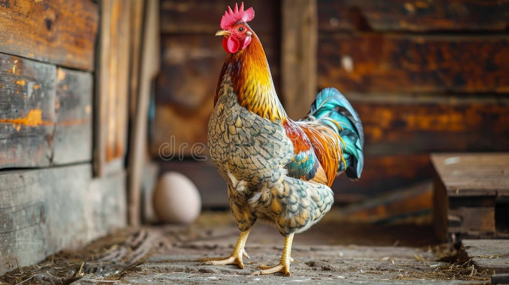 Rustic Barnyard Scene with Colorful Easter Egger Rooster Stock Image ...