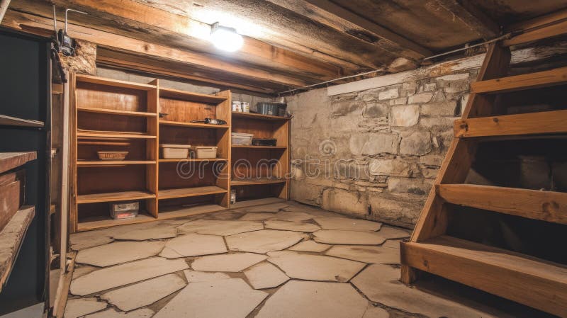 Rustic Basement Storage Area with Wooden Shelves and Stone Walls Stock ...