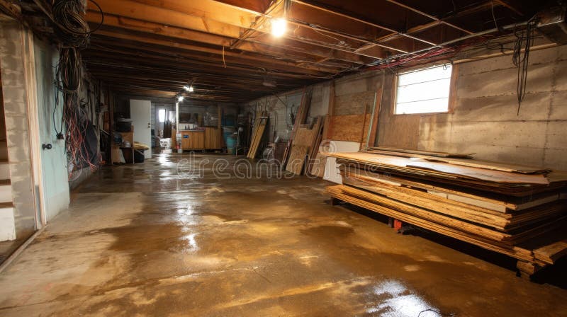Rustic Basement Workshop with Exposed Beams and Stacked Lumber for Home ...